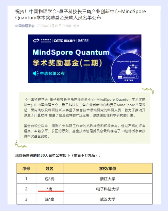 【喜报频传】恭喜 IPCC 团队成员陈庚博士获得"MindSpore Quantum学术奖励基金" - 信息物理计算中心